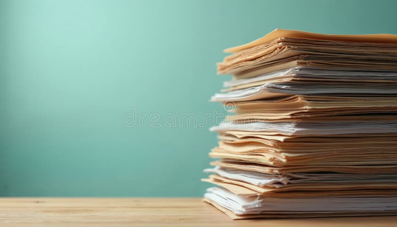 Pile of Assorted Papers on Wooden Desk. Light Brown Folders, White Sheets Create Textured Stack ...