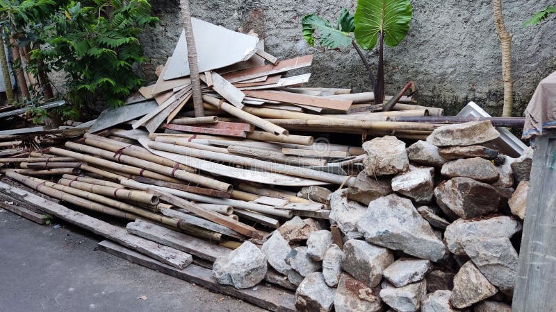 Pile of Bamboo, Wood and Rocks Material for Building Renovation on ...