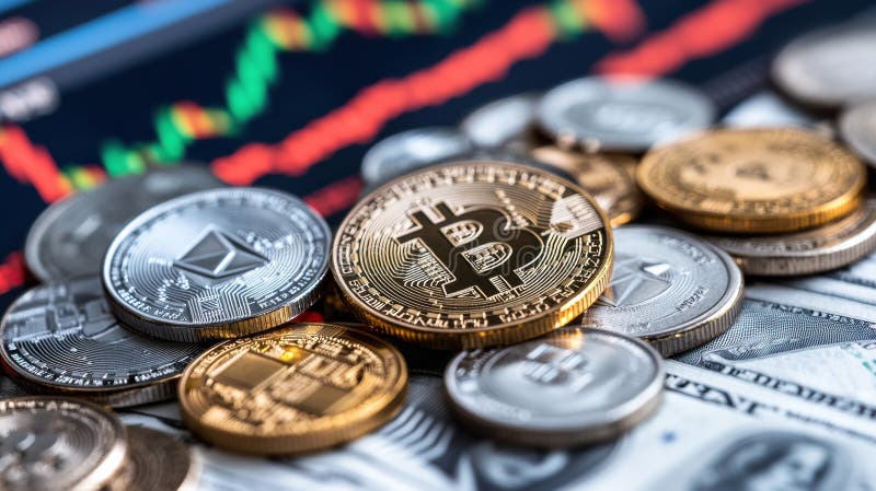 A Pile of Bitcoin Coins on Top of a Stack of Money, AI Stock Image ...