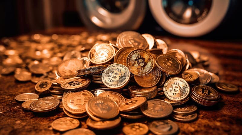 Pile of Bitcoins in a Laundry Basket with Washing Machines in the ...