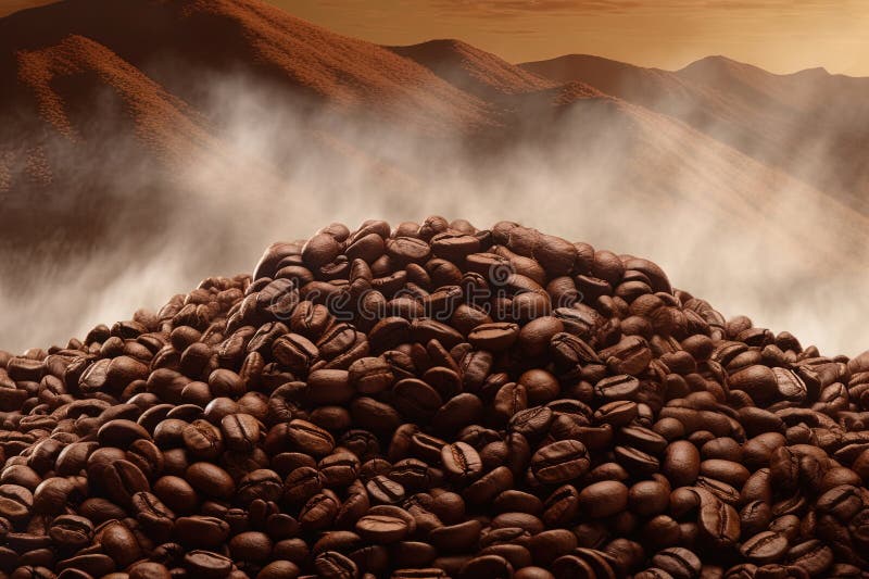 Pile of Black Coffee Beans on Blurred Landscape Background with Soft ...
