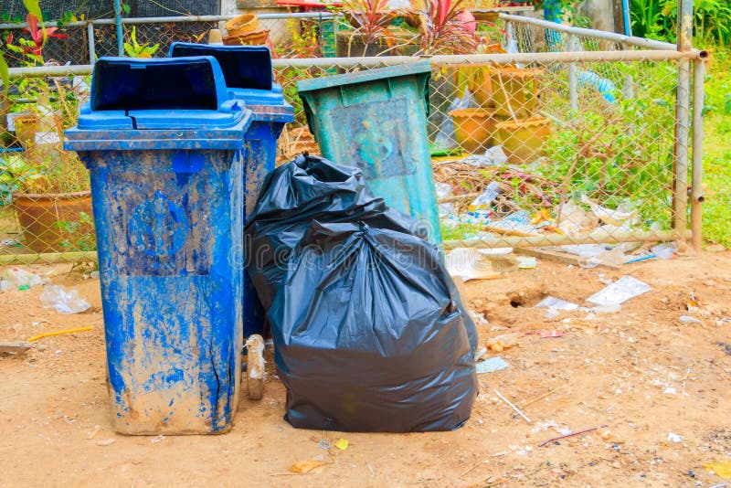 Dirty Dustbin and Broom Near a Wall. Stock Image - Image of junk, chore ...