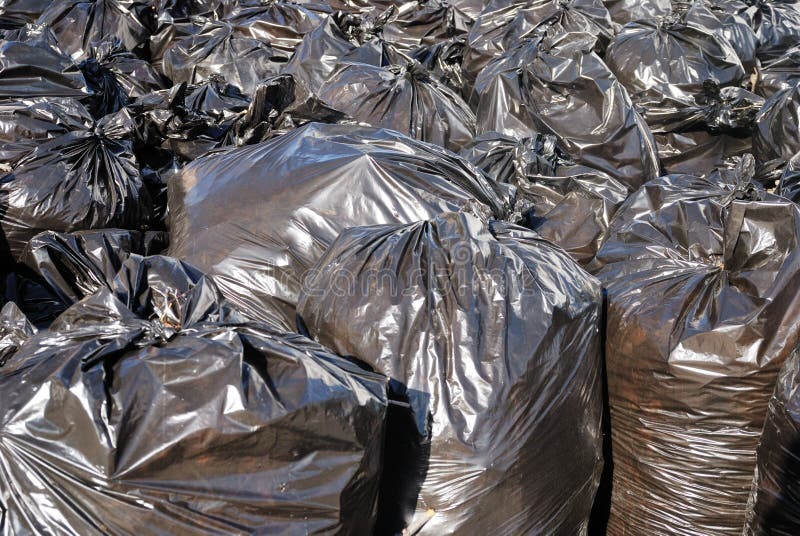 Pile of Black Garbage Bags with Tons of Trash, Horizontal Stock Image ...