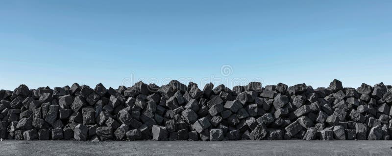 Pile of Black Rocks Against a Clear Blue Sky, Panoramic View. Natural ...