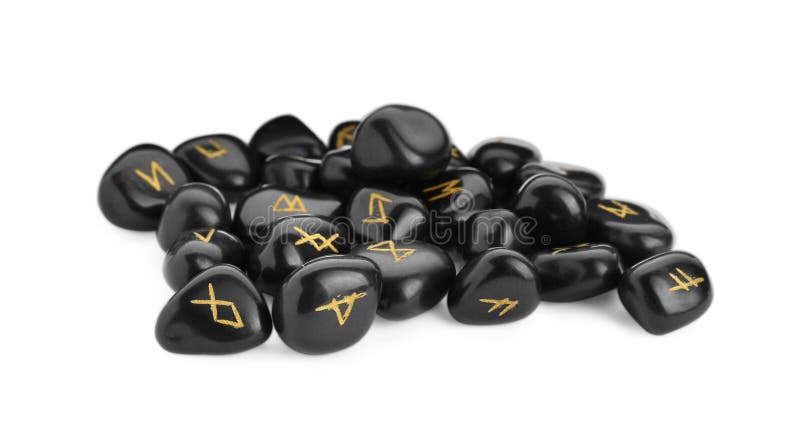 Pile of Black Rune Stones Isolated on White Stock Image - Image of ...