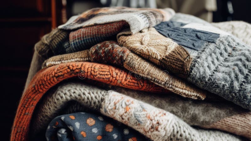 A Pile of Blankets Made of Old Sweaters on Top of a Bed. AI Generative Image. Re-usage Concept ...