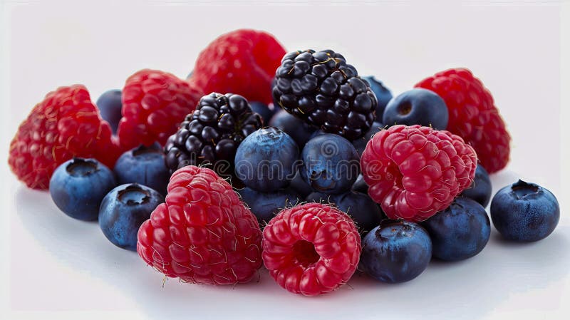 A Pile of Blueberries and Raspberries on a White Surface Stock Image ...