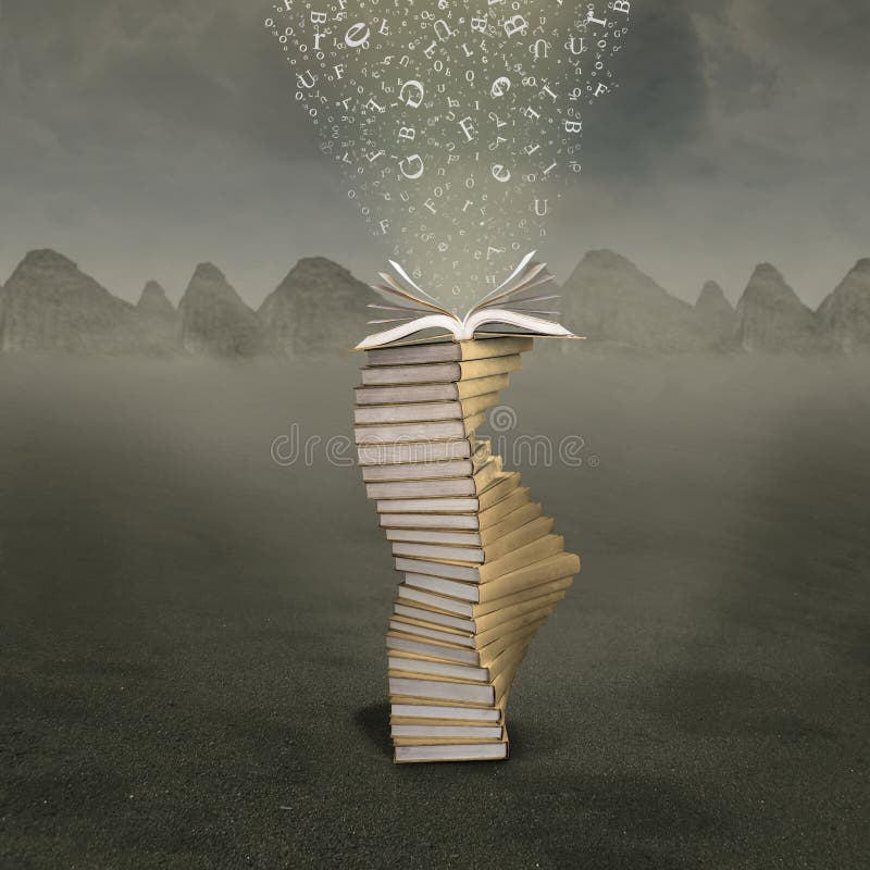 Pile of Books with Falling Letters Stock Illustration - Illustration of ...