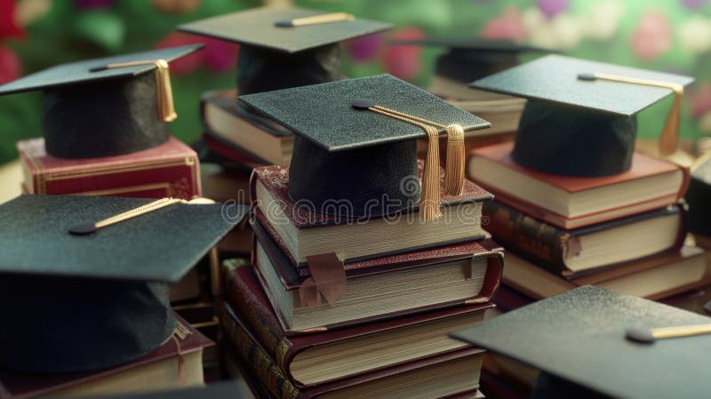 A Pile of Books with Graduation Caps on Top Stock Illustration ...