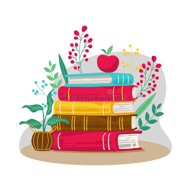 Pile of Books with Leaves and Flowers. Vector Illustration in Flat ...