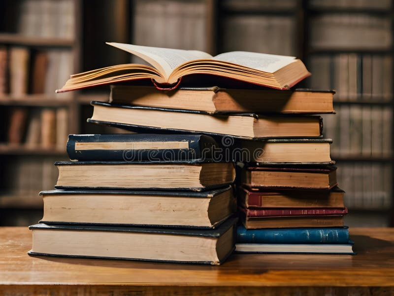 Pile of Books on the Library Table Stock Illustration - Illustration of ...