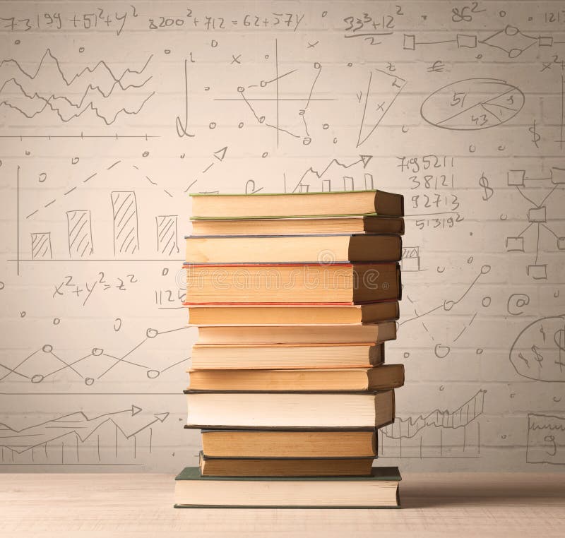A Pile Of Books With Math Formulas Written In Doodle Style Stock Photo ...