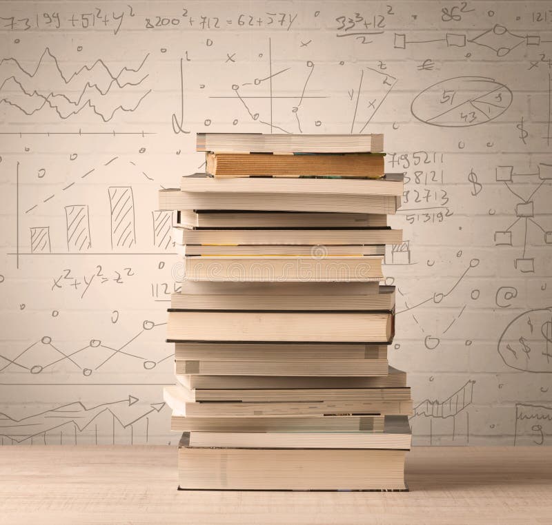 A Pile of Books with Math Formulas Written in Doodle Style Stock ...