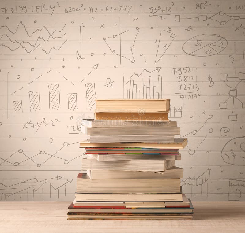 A Pile Of Books With Math Formulas Written In Doodle Style Stock Image ...