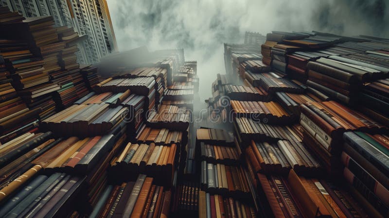 A Pile of Books Reaching Skyscraper Heights. Unexpected Camera Angle ...