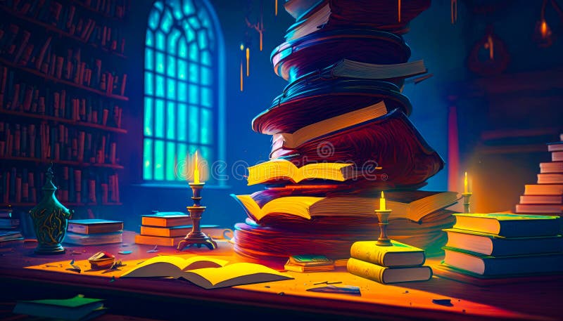 Pile of Books Sitting on Top of Table. Fantasy Stock Illustration ...