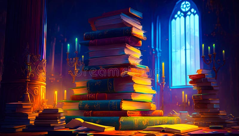 Pile of Books Sitting on Top of Table. Fantasy Stock Illustration ...