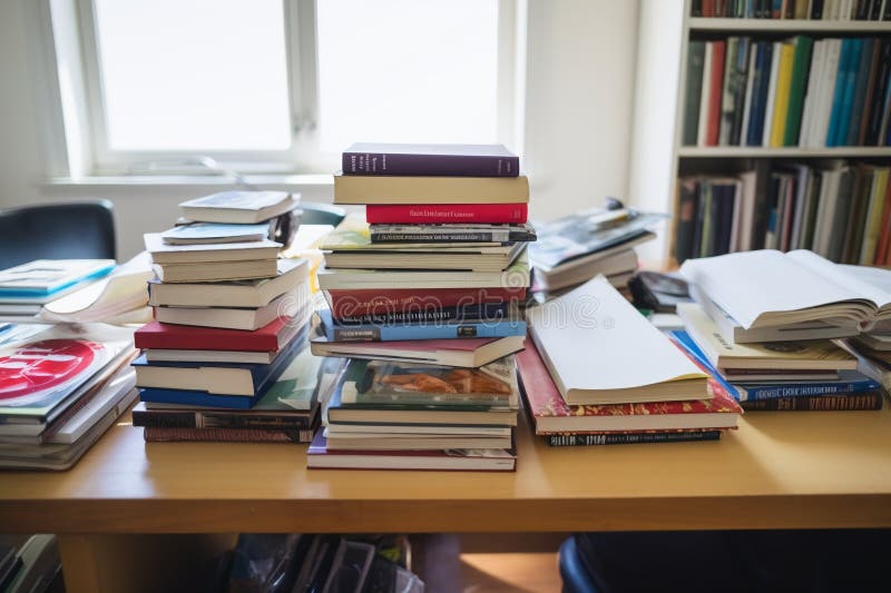 Pile of Books on the Table in Library. Education Concept Stock ...