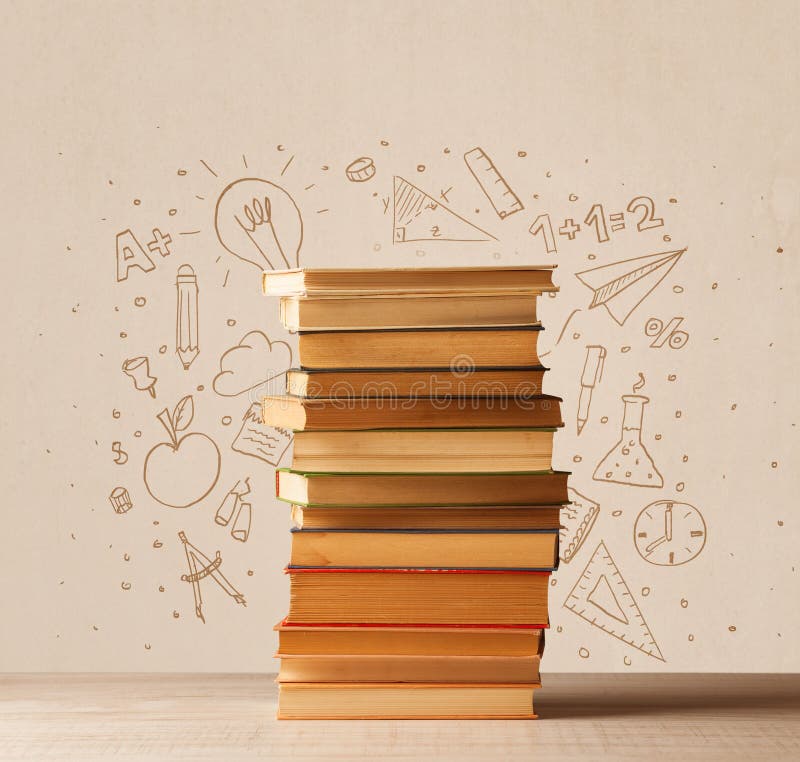 A Pile of Books on Table with School Hand Drawn Doodle Sketches Stock ...