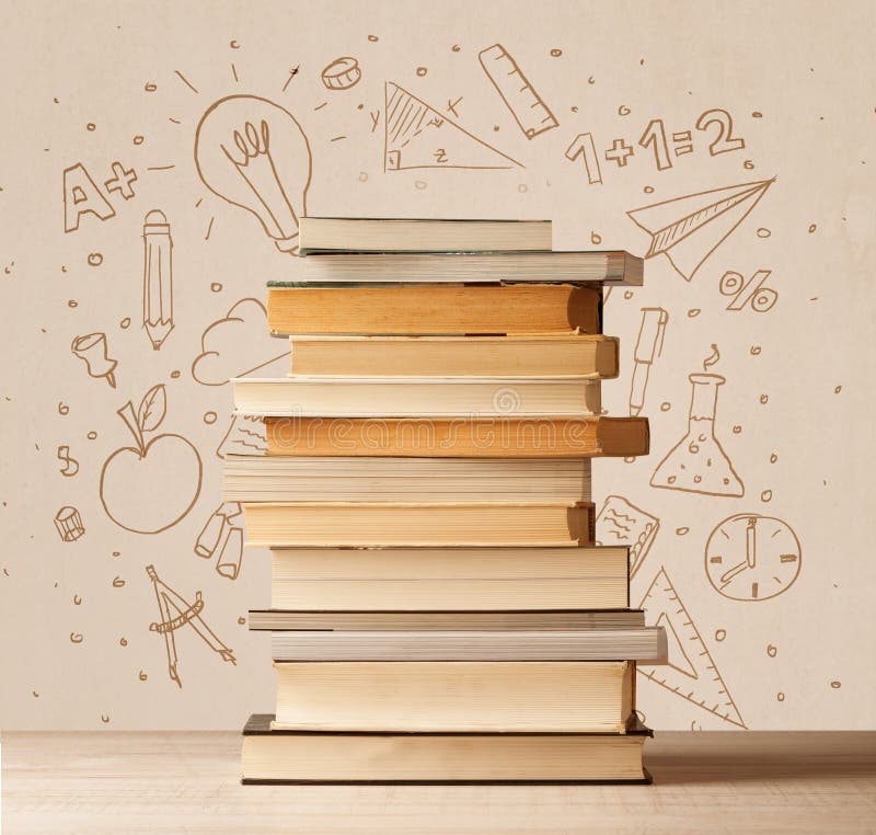A Pile of Books on Table with School Hand Drawn Doodle Sketches Stock ...
