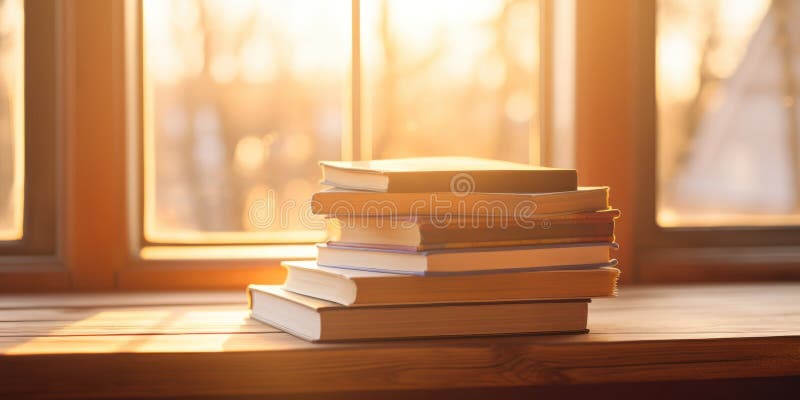 Pile of Books on Wooden Table in Sunset Light. Stack of Books by Window ...