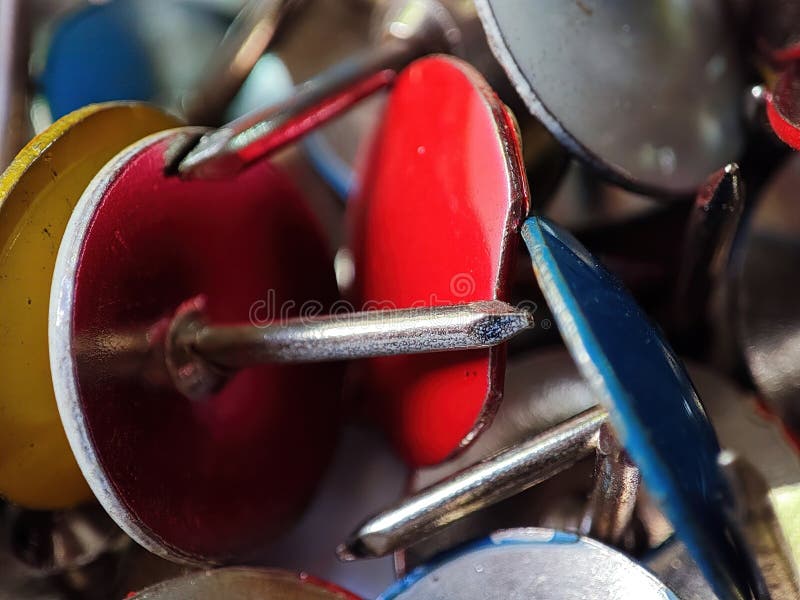 Pile of brass drawing pins stock image. Image of paperclip - 234504219