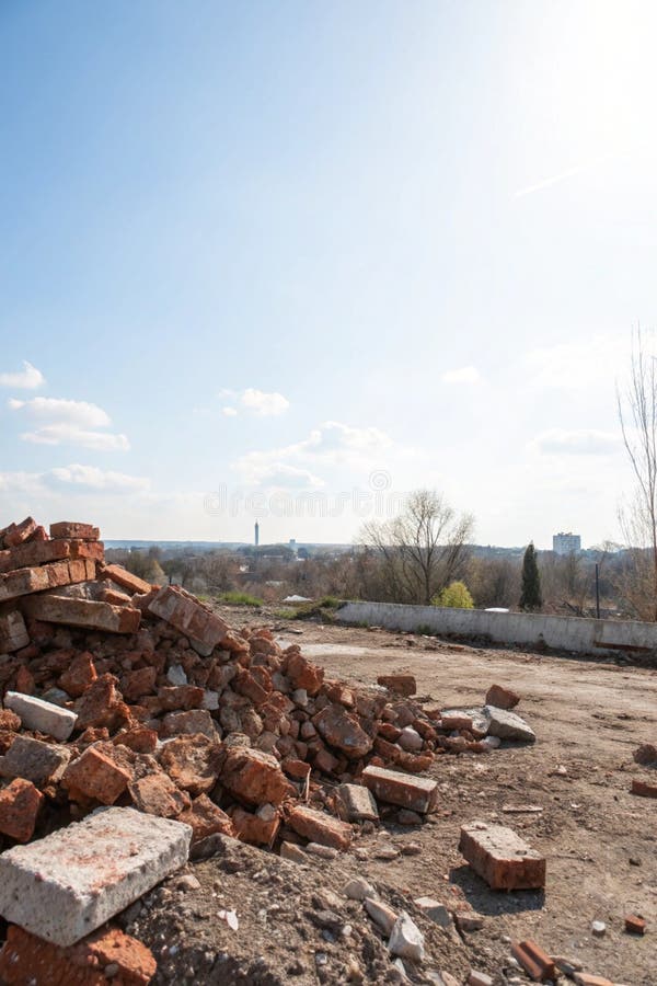 Pile of Brick Rubble Under Blue Sky Stock Illustration - Illustration ...