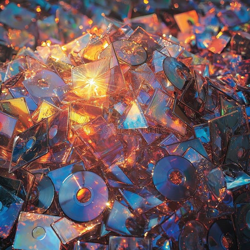 Pile of Shattered CDs with Sparkling Reflections Stock Image - Image of ...