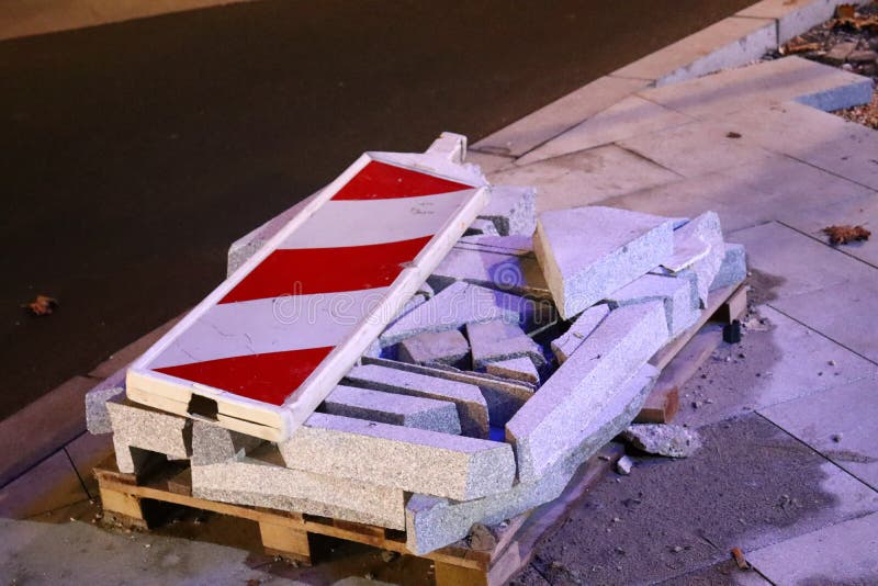 Pile of Broken Concrete Pavement and Warning Sign Stock Image - Image ...