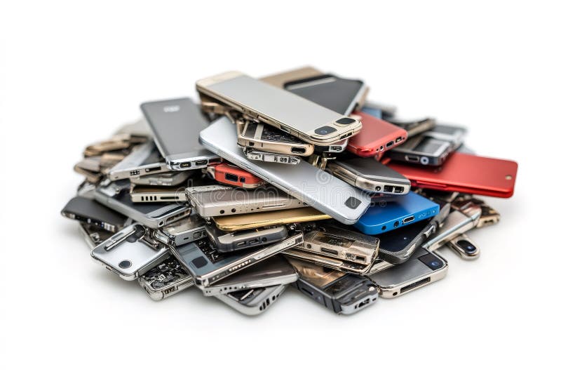 Pile of Broken Smartphones Creating Technological Waste on White ...