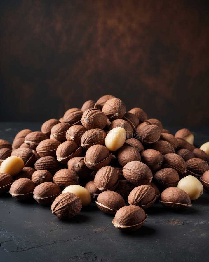 Pile of Brown Macadamia Nuts with Shells on Dark Background. Stock ...