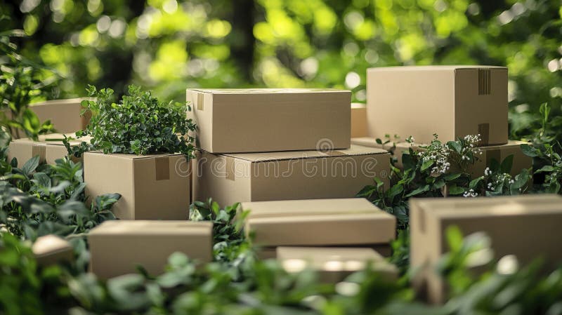 A Pile of Cardboard Boxes Resting on a Vibrant Green Field Under a ...