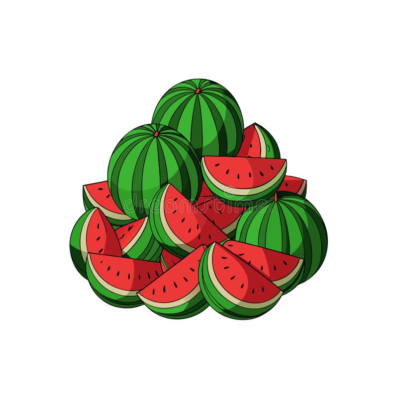 Pile of Watermelons and Slices Cartoon Illustration Stock Photo ...