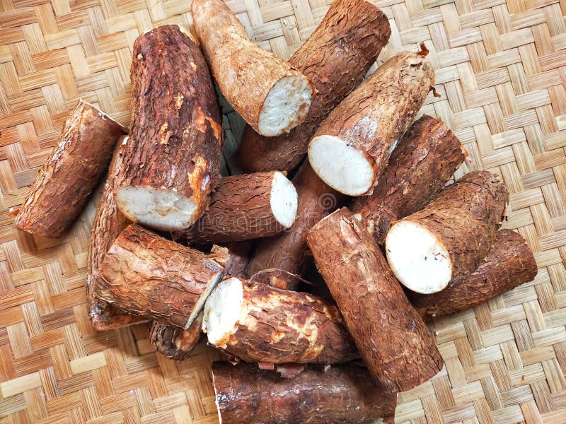 A Pile of Cassava is on a Bamboo Tray Stock Photo - Image of brown ...