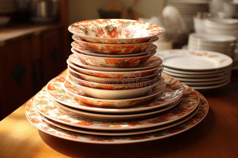 Pile of Ceramic Plates on a Table in a Kitchen. Selective Focus Stock ...