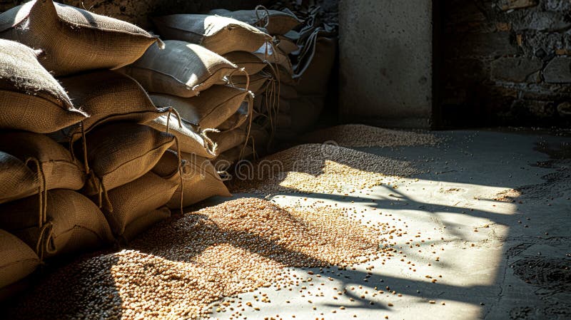 Pile of Cereal, Wheat Sitting Next To Stack of Bags in a Warehouse ...