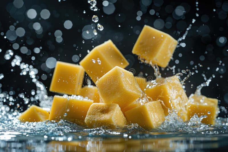 A Pile of Cheese Cubes Getting Wet from a Splash of Water Stock Image ...