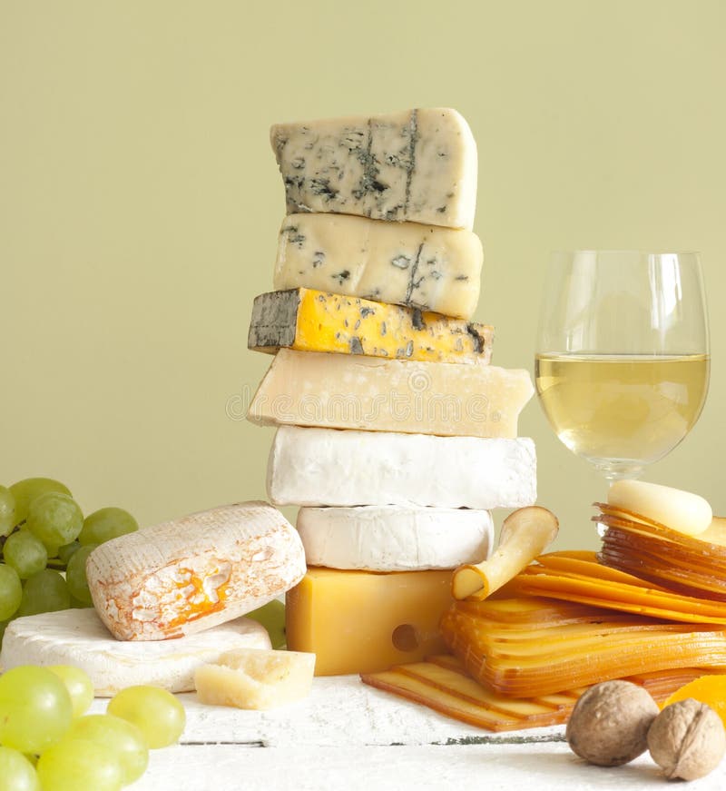 Pile of Cheese Many Various Types with Wine Stock Photo - Image of ...