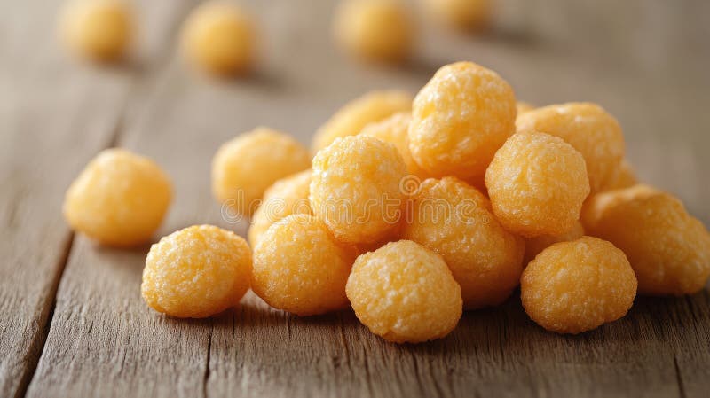 Pile of Cheese Puffs on a Wooden Table. Stock Image - Image of text ...