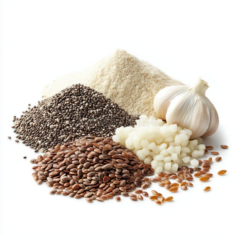 Pile of Chia, Flax Seeds, Garlic, Tapioca, and Flour on a White ...