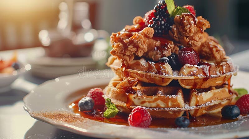 Delicious Crispy Chicken Waffles Stack Sweet Berries Syrup Breakfast ...