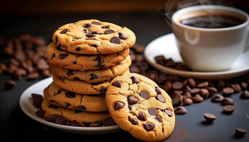 A Pile of Choco Chip Cookies and a Cup Hot Coffee Stock Illustration ...