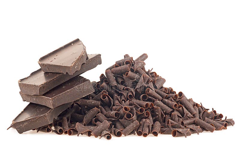 Pile of Chocolate Curls and Broken Chocolate Bar Isolated on White ...