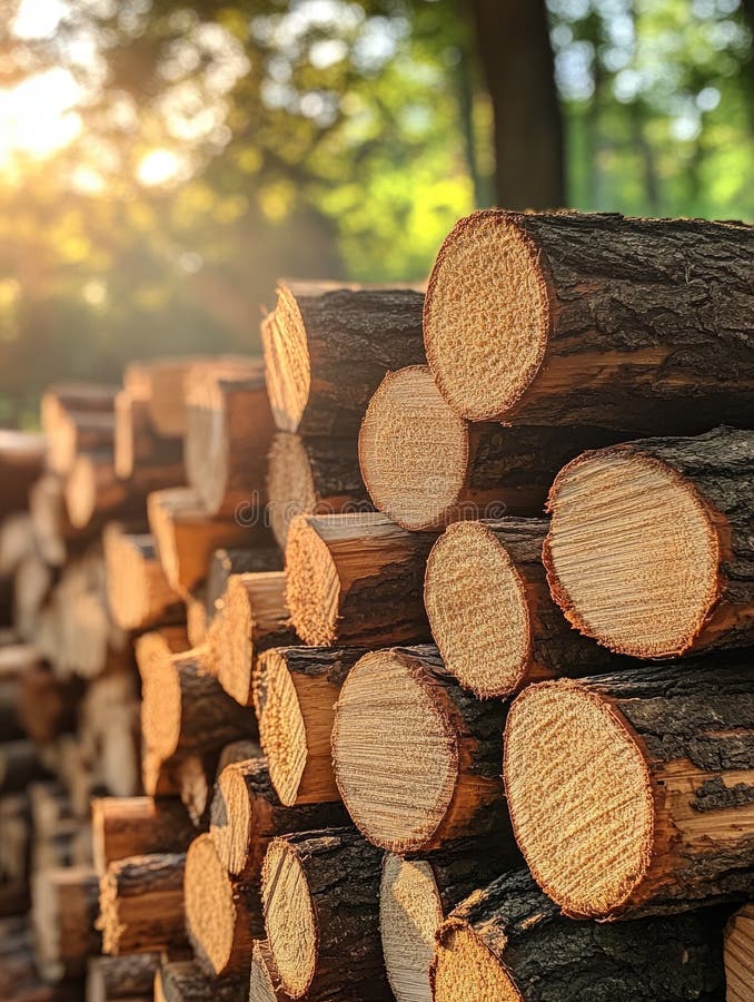 Pile of Chopped Logs in Forest with Sunlight Filtering through Trees ...
