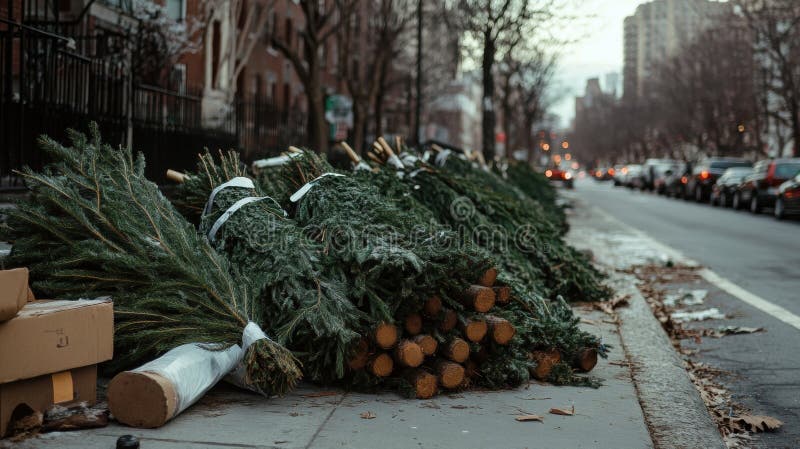 A Pile of Christmas Trees on the Side of a Street Stock Illustration ...