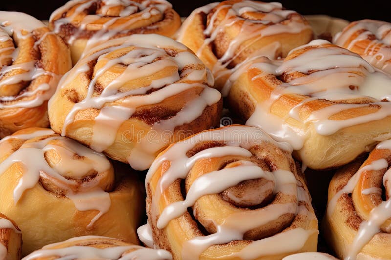 Pile of Cinnamon Rolls, Frosted and Drizzled with Icing Stock ...
