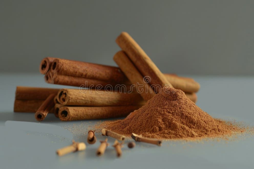 A Pile of Cinnamon Sticks Placed Next To a Container of Cinnamon Powder ...