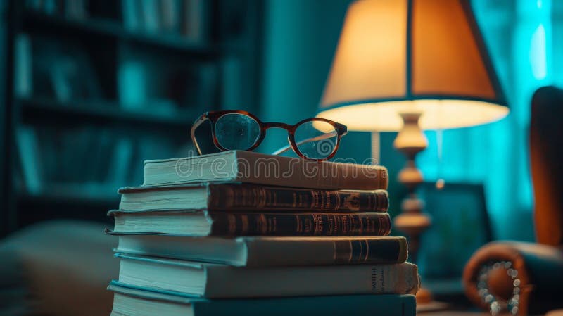 Pile of Classic Books and Eyeglasses Lit by a Table Lamp in a Home ...