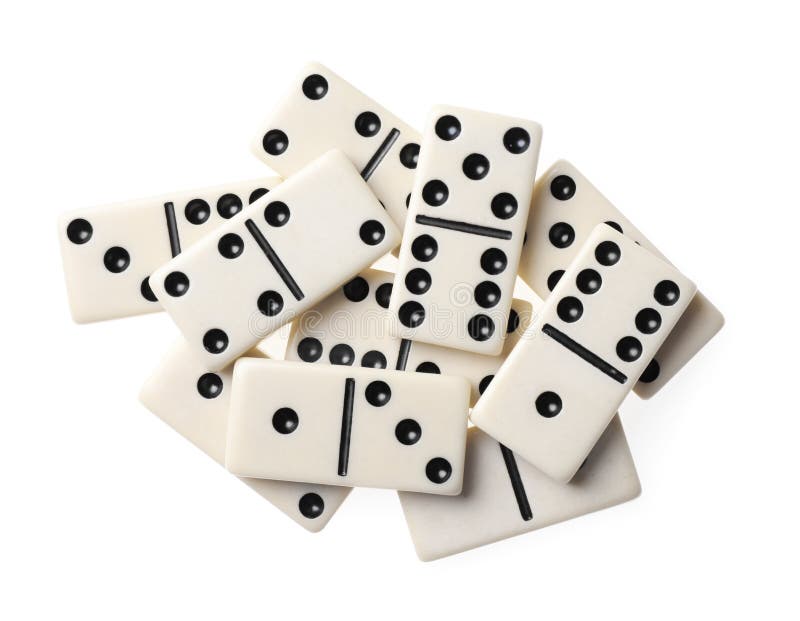 Pile of Classic Domino Tiles on White Background, Top View Stock Photo ...