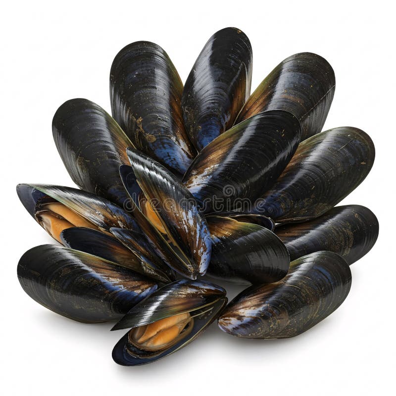 Pile of Closed and Partially Opened Blue Mussels, Isolated on a White ...